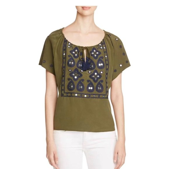 Tory Burch | Tops | Tory Burch Sz Camille Olive Silk Top With Navy Embroidery Sequined Embellish ...